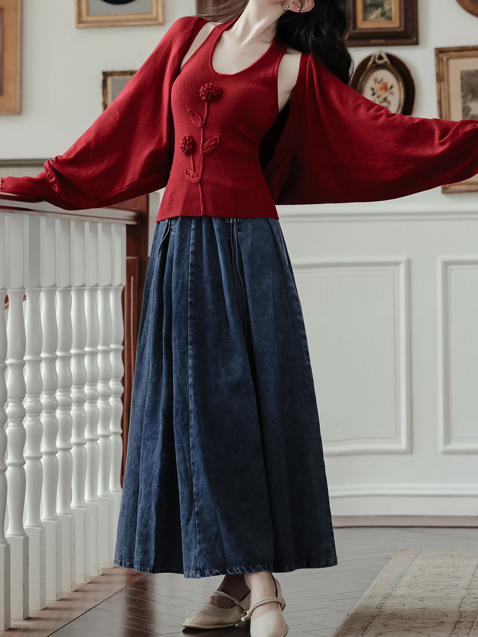 3PS Red Rose Vest And Denim Skirt 1950s Suit Vintage Audrey Hepburn's ...